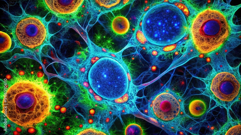 Microscopic view of fluorescently stained cells, illustrating advanced ...