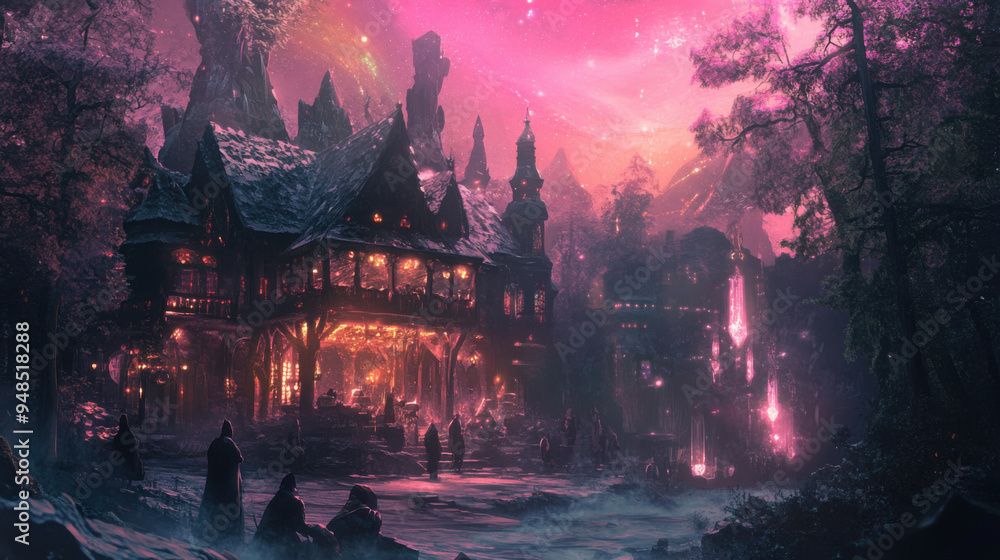 Gothic, eerie tavern in an enchanted forest, with pink auroras above ...