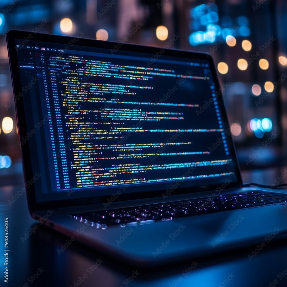 8. High-tech laptop displaying complex code snippets, web development tools, programmerâ€™s ...
