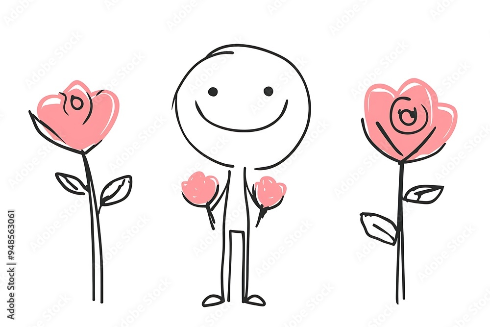 Cheerful Stick Figure with Roses - Minimalistic Clip Art Design of ...