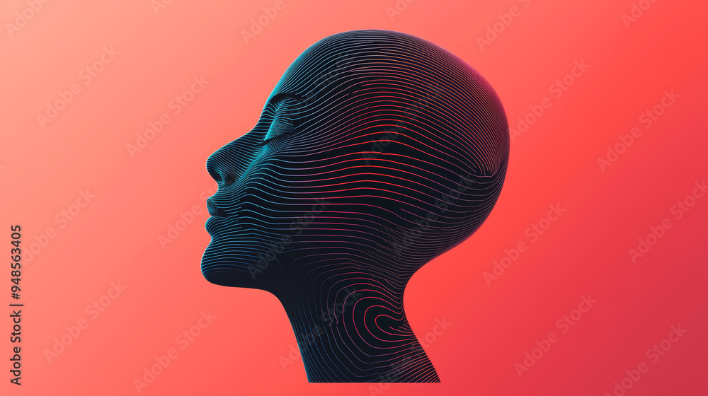 Abstract profile of a digital human head with wave patterns against a ...