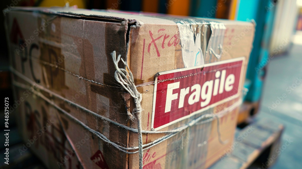 Close-up of a shipping box with a "Fragile" sticker prominently ...