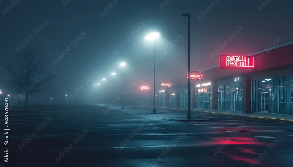 Foggy Night at Empty Shopping Plaza with Faint Neon Signs and Eerie ...