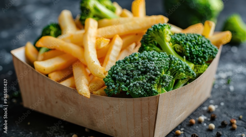 Fresh broccoli mixed with crispy fries in a fast food box promoting ...