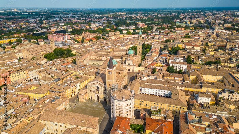 An aerial view of Parma, Italy, showcasing the iconic Cattedrale di ...