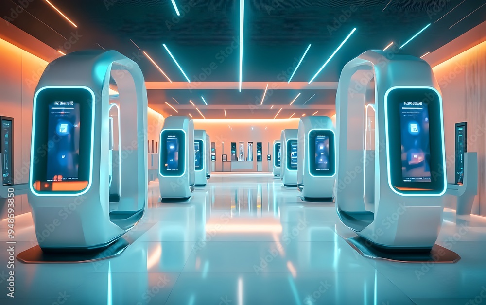 Futuristic Bank Lobby with AI-Driven Customer Service Kiosks and ...
