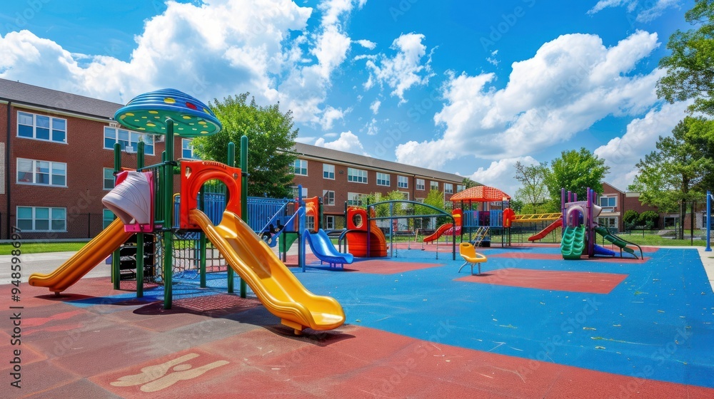 An elementary school playground with padded play surfaces, slides ...
