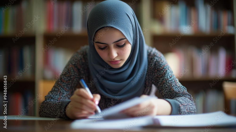 Young Muslim girl in a hijab, taking practice tests as she prepares for ...