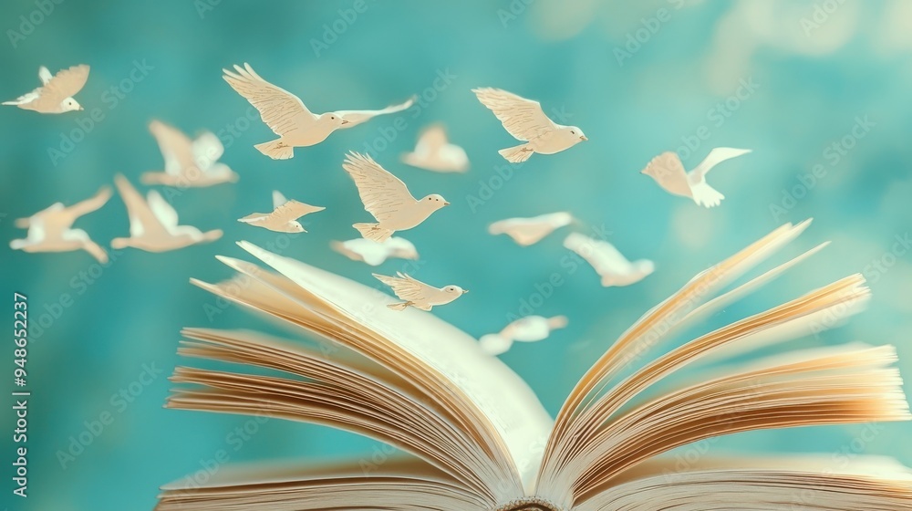 An open book with pages transforming into birds flying into the sky ...