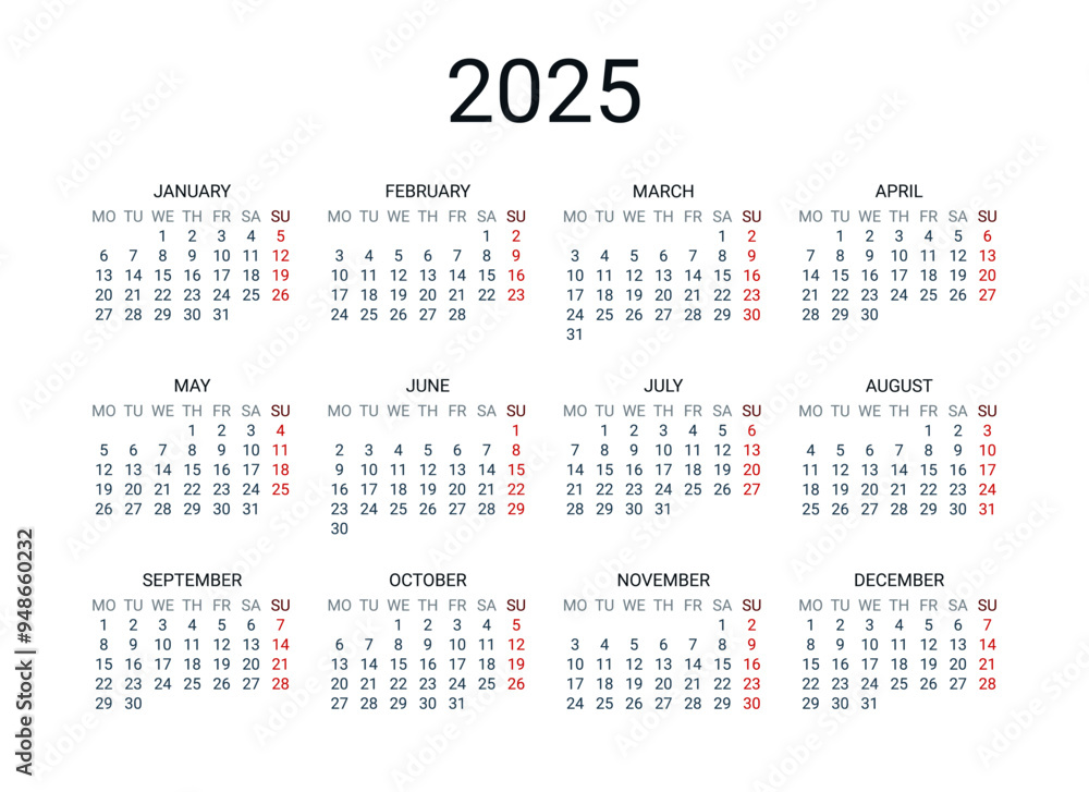 2025 year English calendar. Classical, minimalistic, simple design ...