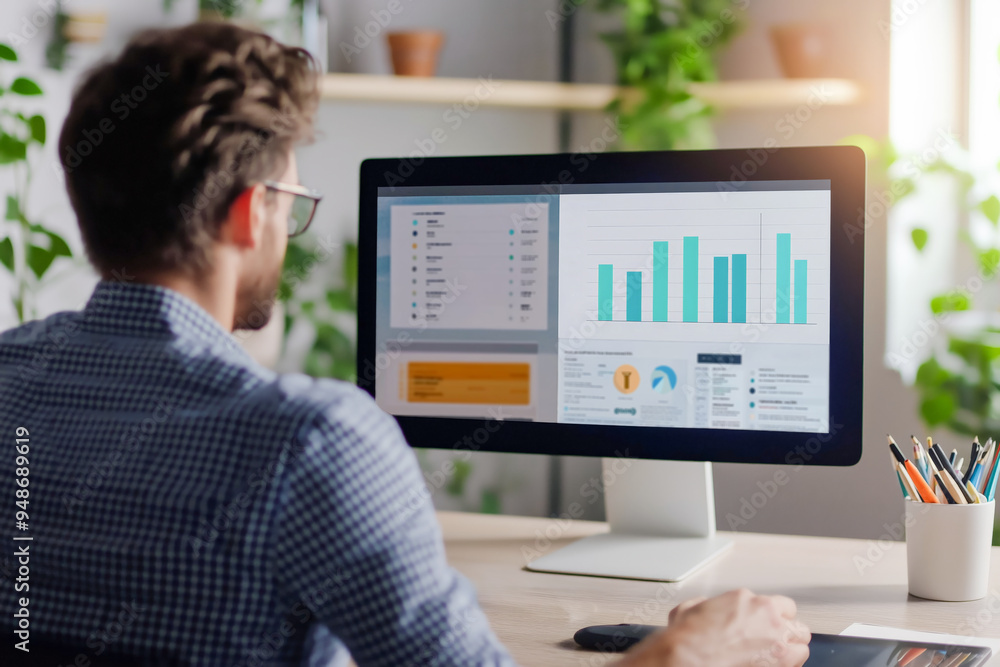 Dashboard and business KPI. Rear view young businessman working on ...