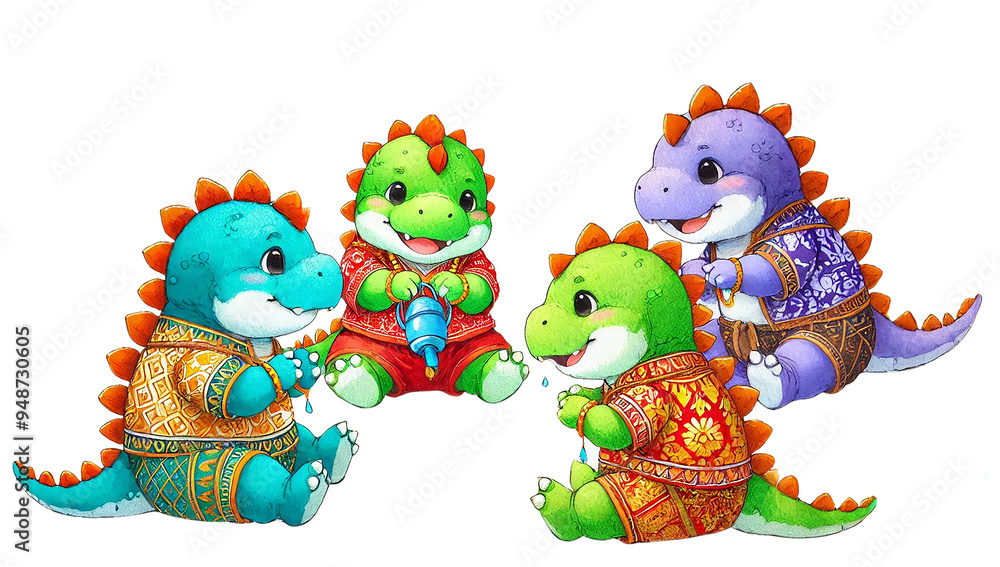 baby dinosaurs, all in colorful Songkran costumes, strategizing their ...