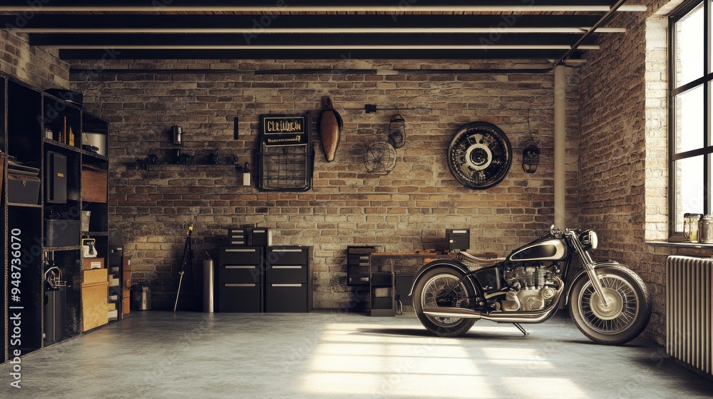 A classic motorcycle parked in a garage with exposed brick walls, a ...