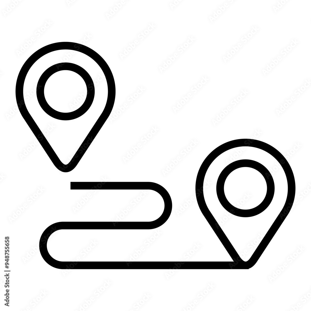 Route icon between two points and location pin. The location indicator ...