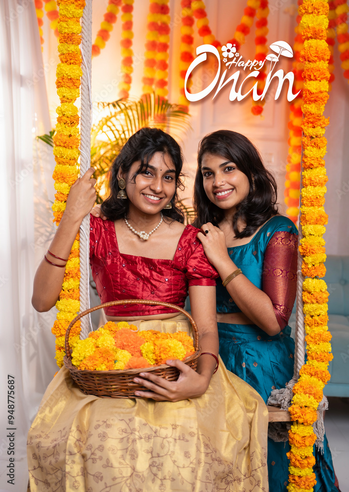 Happy Onam greeting background, Kerala girls wearing traditional dress ...