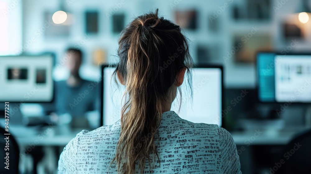 A person seen from the back working at a computer in a modern office ...