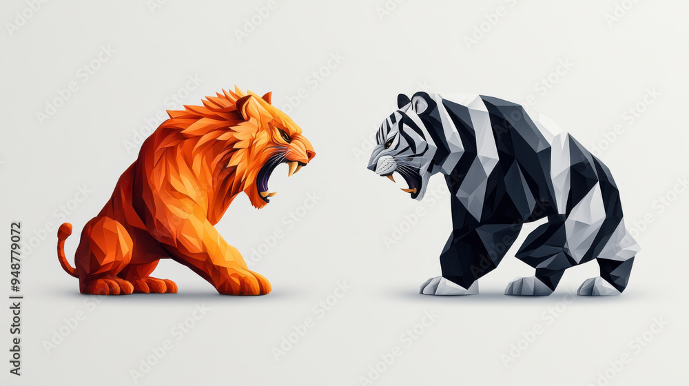 Polygonal lion and panda in a standoff, symbolizing rivalry and ...
