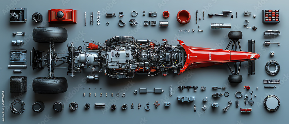 Exploded view of an F1 car engine, components laid out to reveal the ...