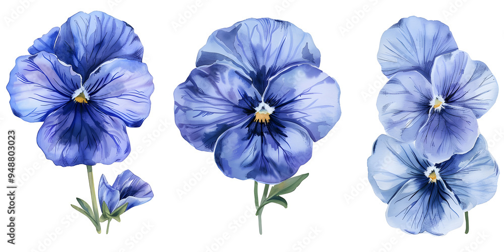 Viola, pansies flowers, clipart set, illustration in watercolor style ...