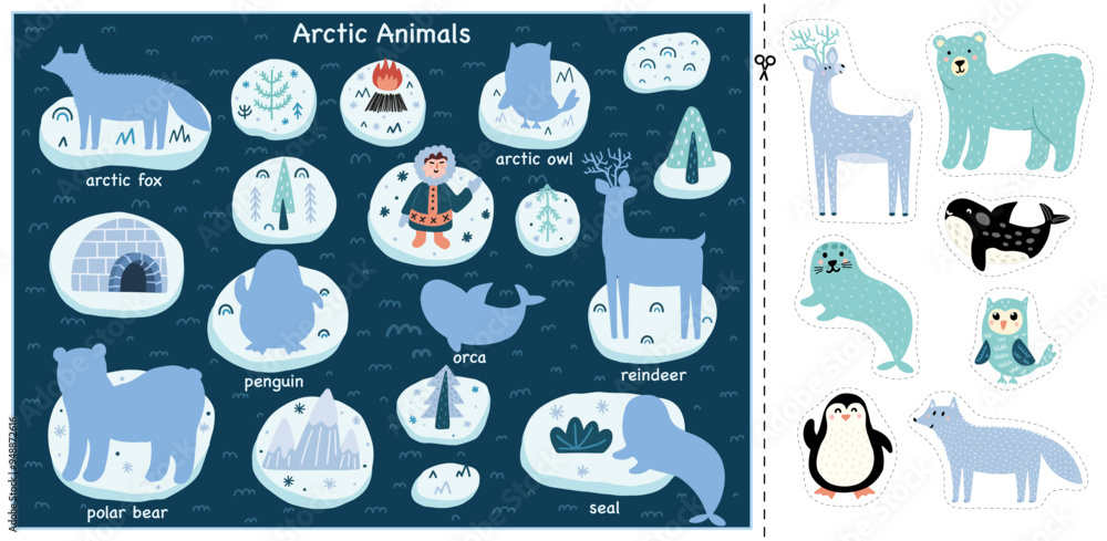 Vector de Stock Arctic animals cut and glue game with cute animals and ...
