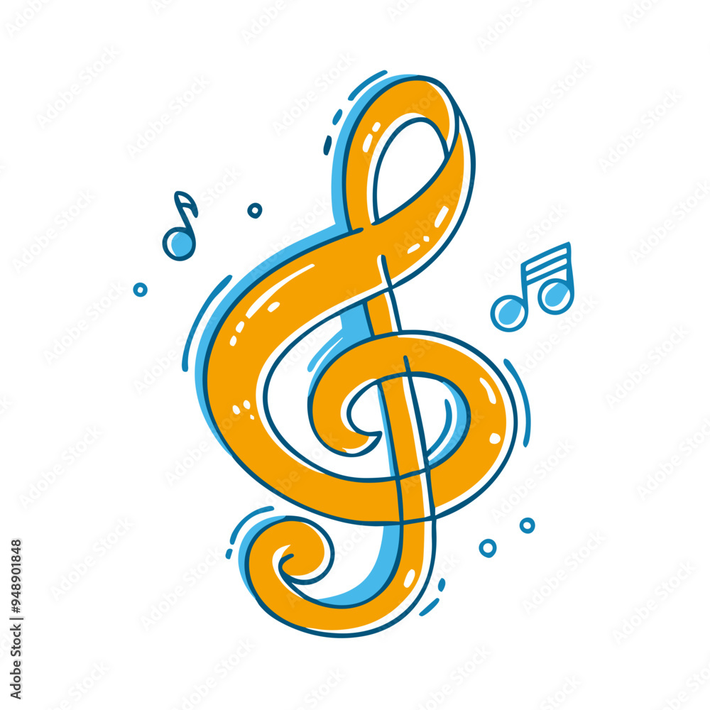 Cartoon illustration of a stylized treble clef with music notes on a ...
