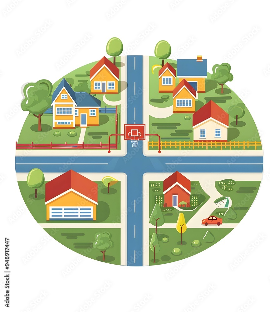 Cartoon Illustration Of Neighborhood With Houses Stock Illustration ...