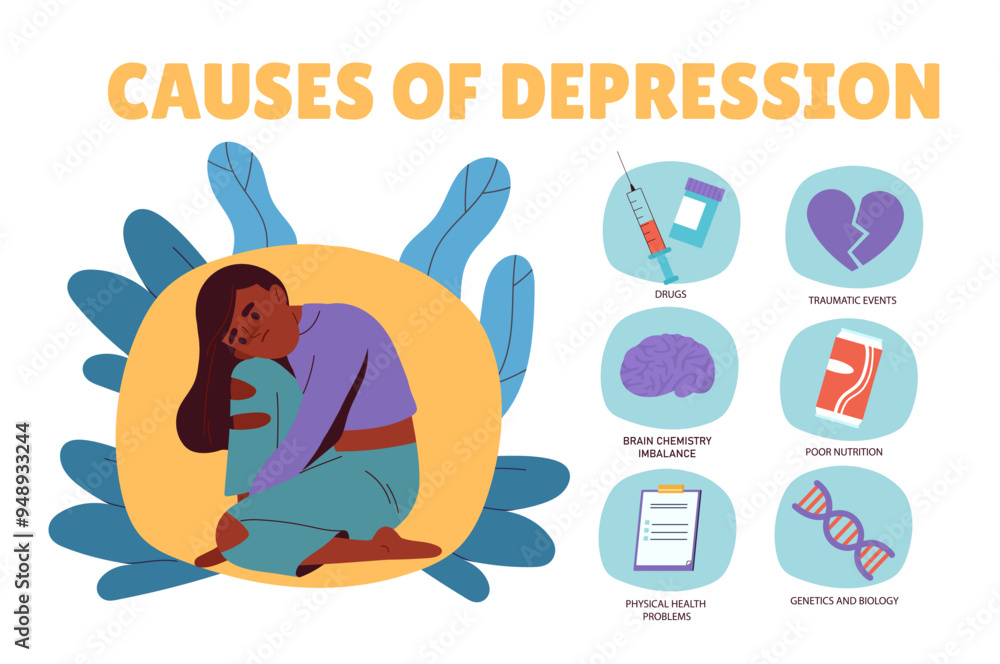 Causes of depression. Drugs, traumatic events, poor nutrition, genetics ...