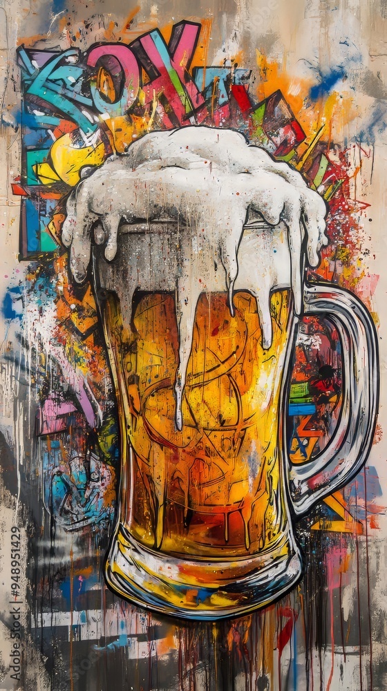 Large overflowing beer glass stands out in a colorful graffiti painting ...