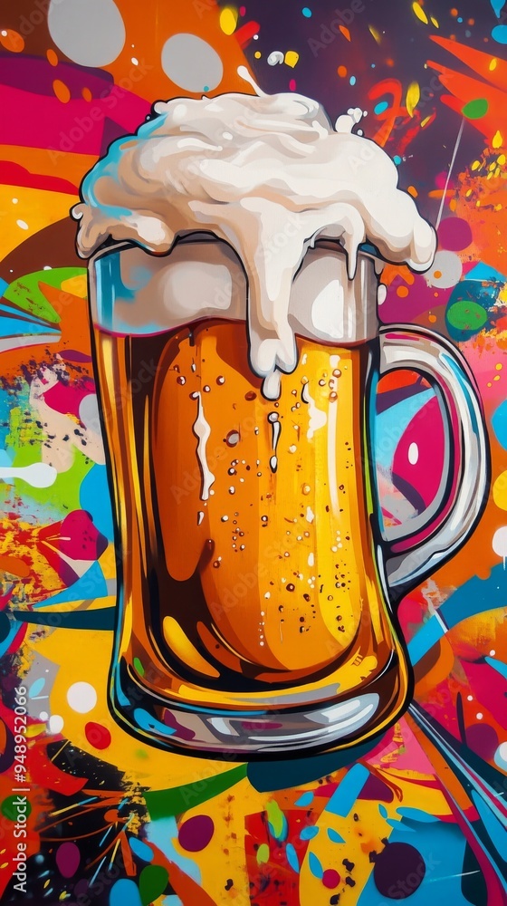 Glass of beer overflowing with foamy head, depicted in a dynamic and ...