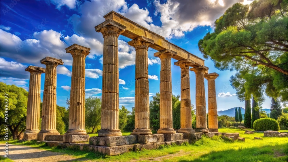 Ancient ruins of the Temple of Zeus at Olympia, Greece, surrounded by ...