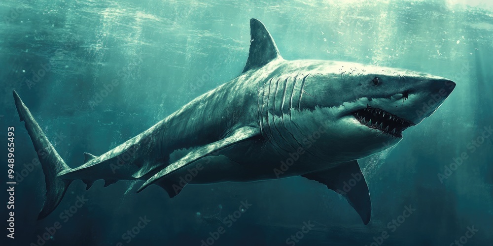 Shark Profile - Megalodon Side View. A Powerful Prehistoric Giant Fish ...
