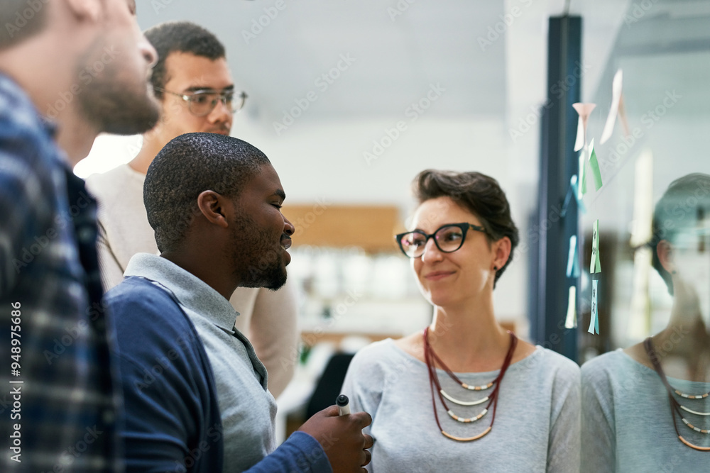 Office, people and happy on glass wall for strategy with teamwork ...