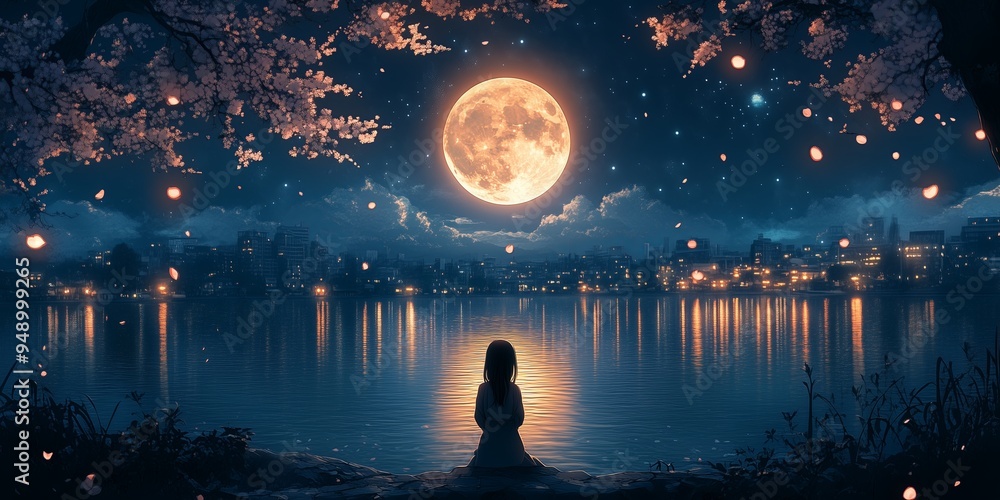 Cute anime girl admiring the moonlit night by the lake in a Japanese ...