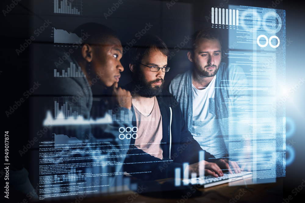 Programming hologram, man and team with computer at night for typing source code or graph data ...