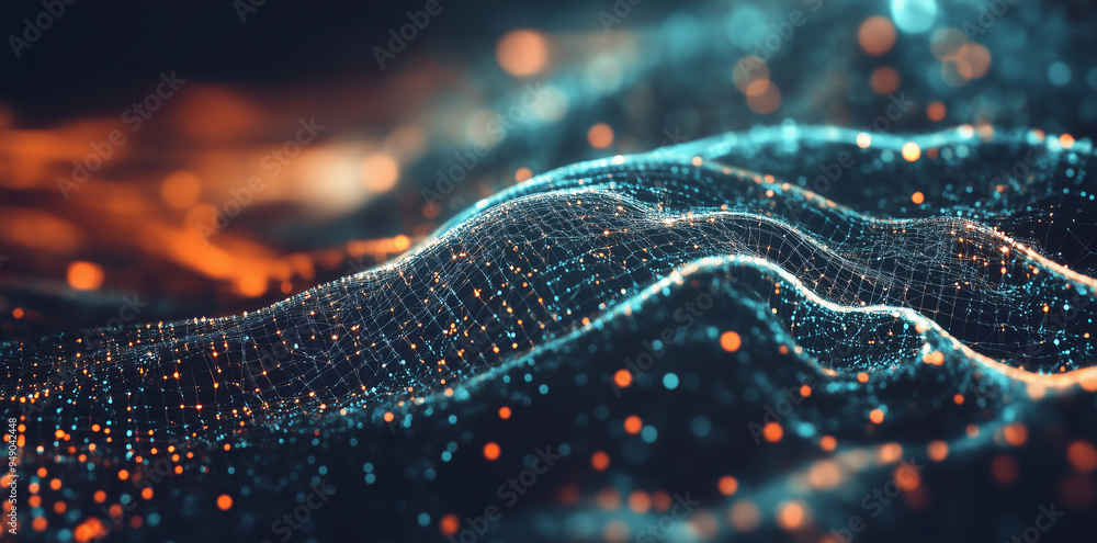 Abstract data flow background with glowing particles and dynamic waves, creating a sense of ...