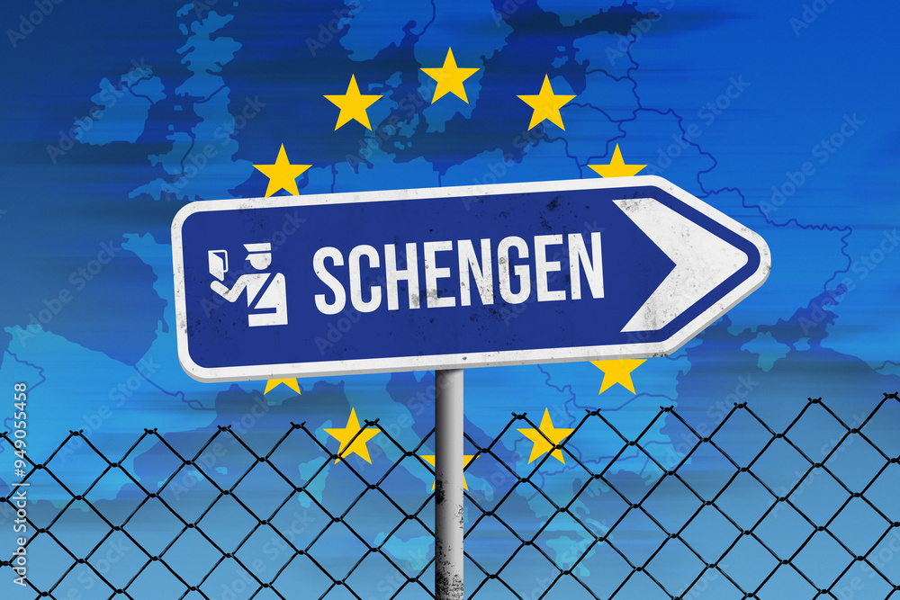 Schengen Sign and Europe Map Against Blue Sky and Fence Stock Photo ...