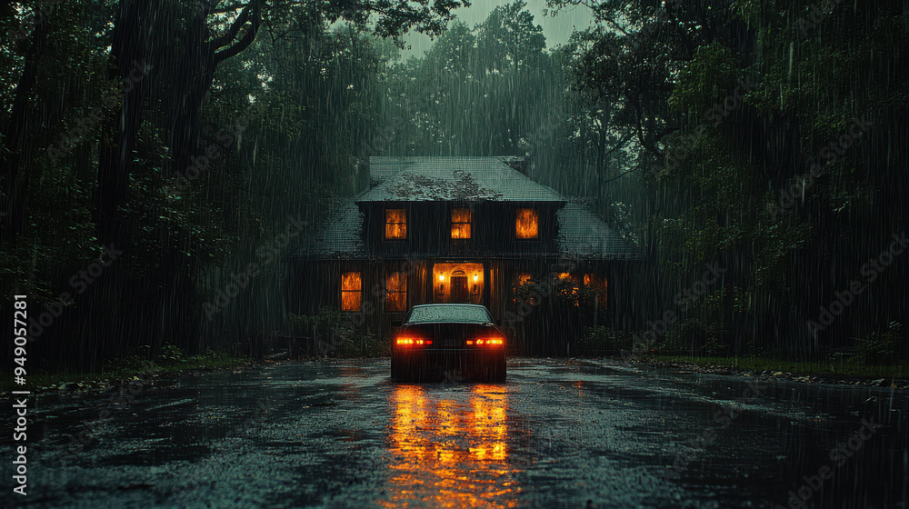 Dark rainy night with car parked in front of a glowing house ...