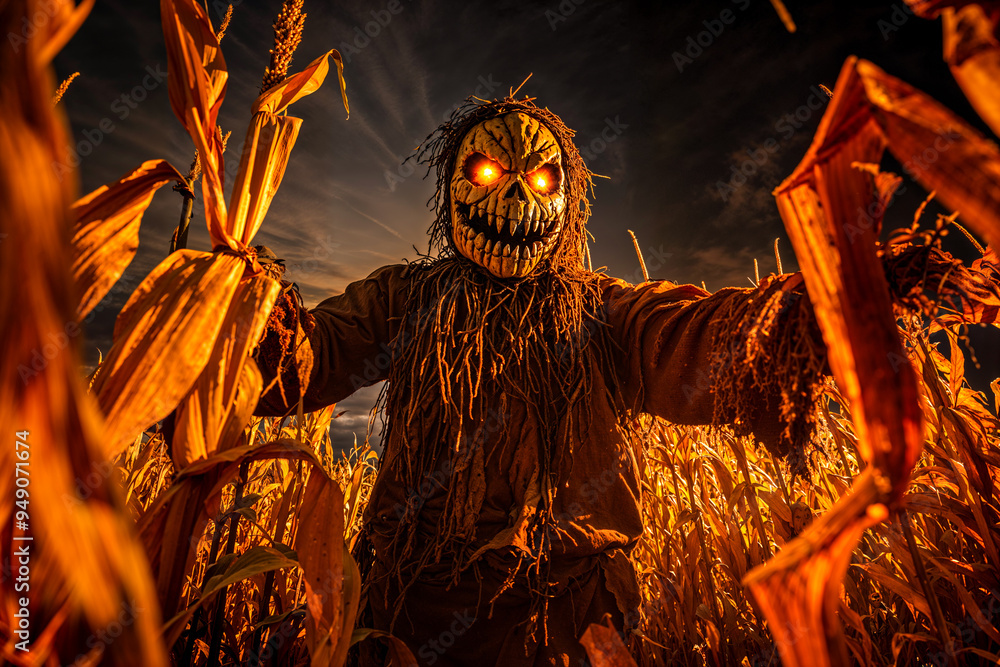 Zdjęcie bez tantiem: Scarecrow in corn maze, spooky Halloween horror ...