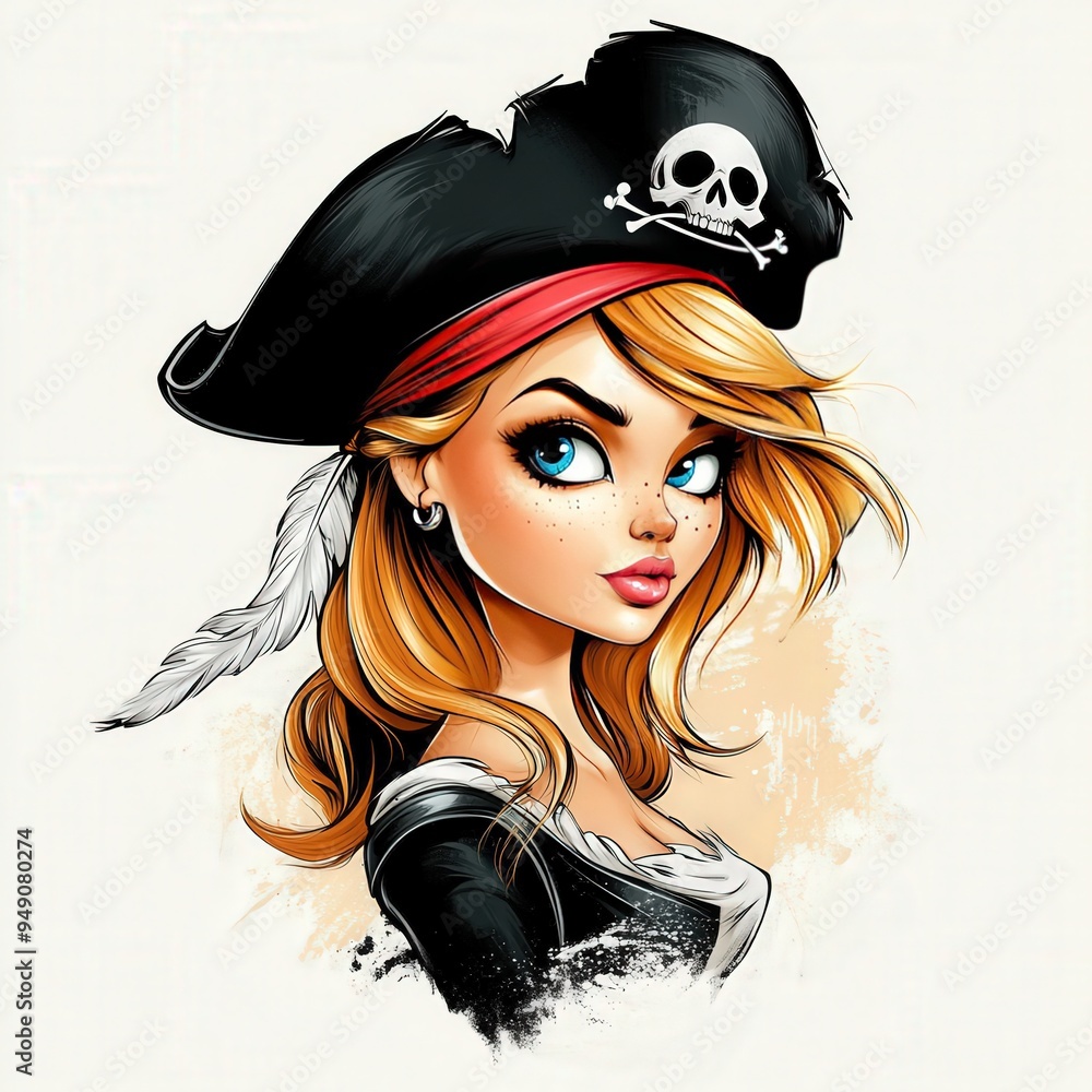 female pirate in a circle frame game portrait, cartoon gaming or social ...