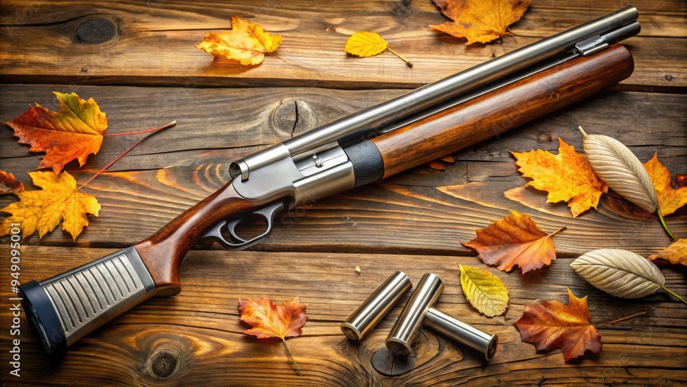 Pump-action shotgun with wooden stock and fore-end, silver metal ...