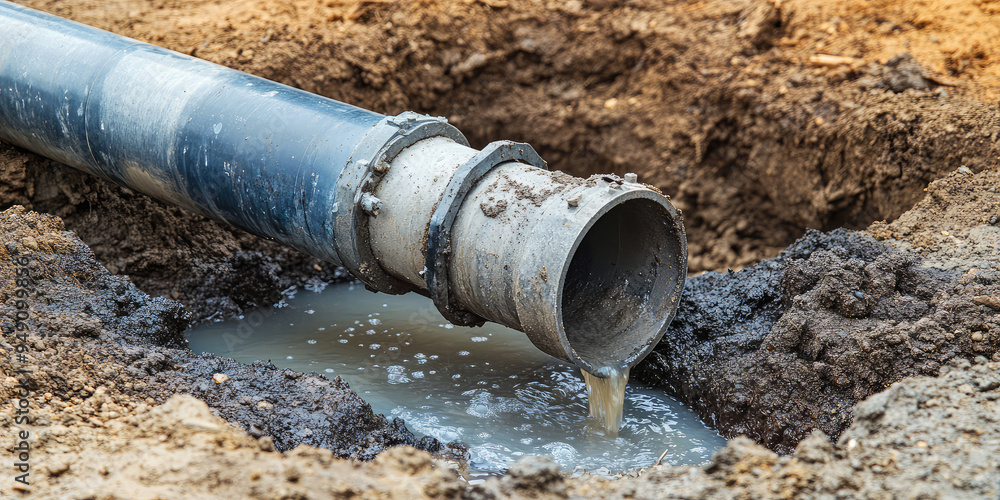 Pipe in the drainage pit. Closeup pumping out sewage from a septic tank ...