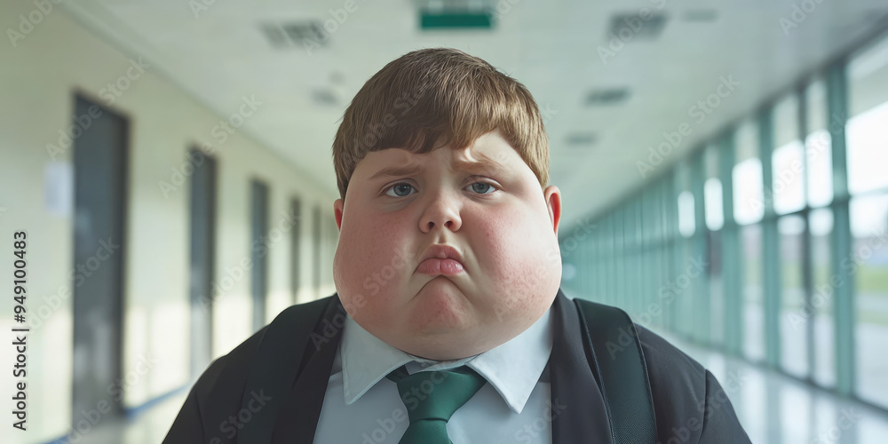 Sad fat boy child in school uniform on the background of empty school ...