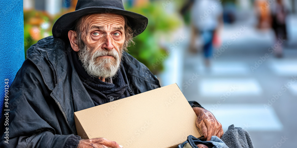Silent plea. Old homeless sad man holding cardbox blank sandwich board ...