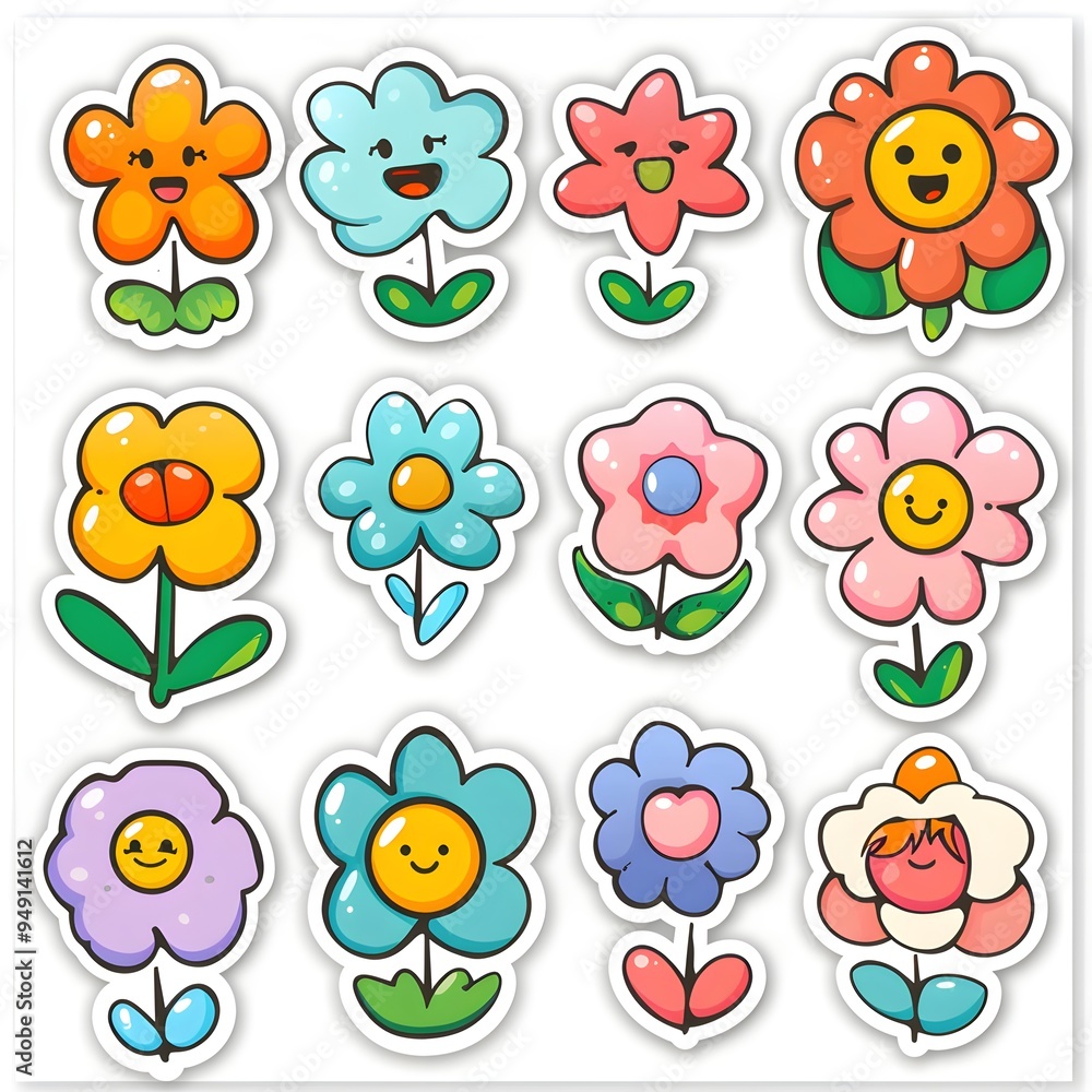 sticker set of cute cartoon flowers icon, white background, vector art ...