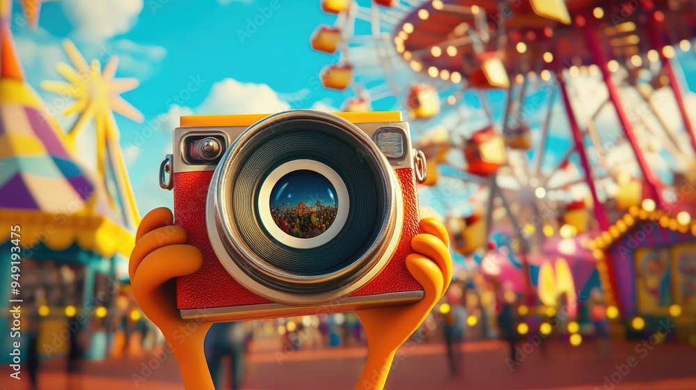 A smiling cartoon camera character at a carnival, snapping photos of ...
