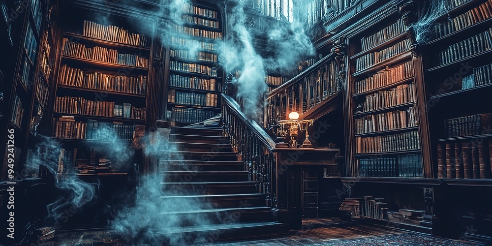Spooky library with ghostly atmosphere and mysterious shadows lurking ...