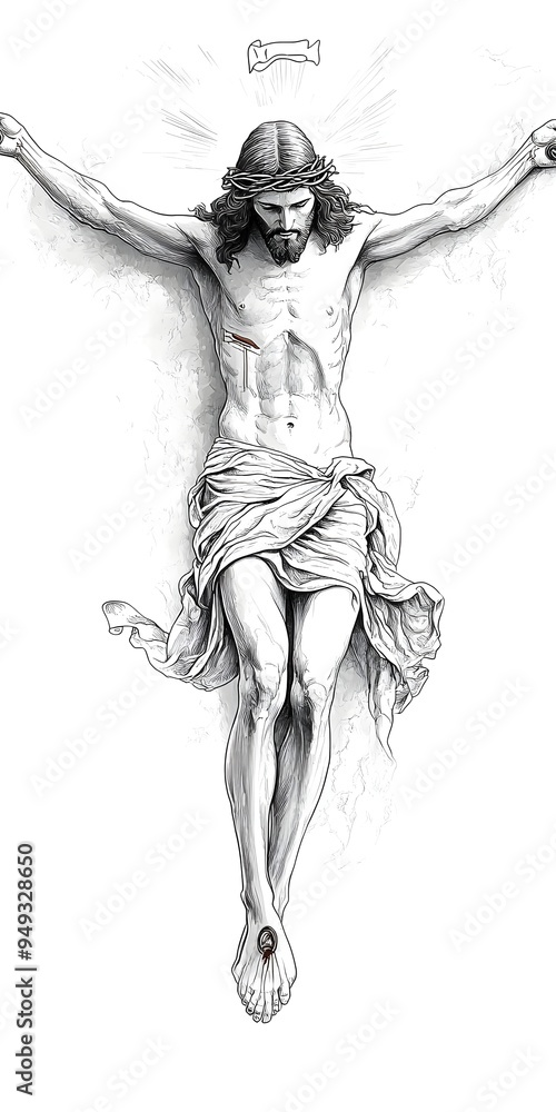 A detailed sketch of Jesus Christ on the cross. The drawing captures ...