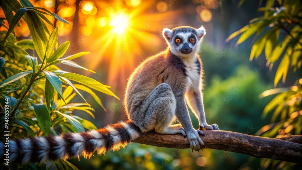 As sunset's warm light filters through the trees, a ring-tailed lemur's ...