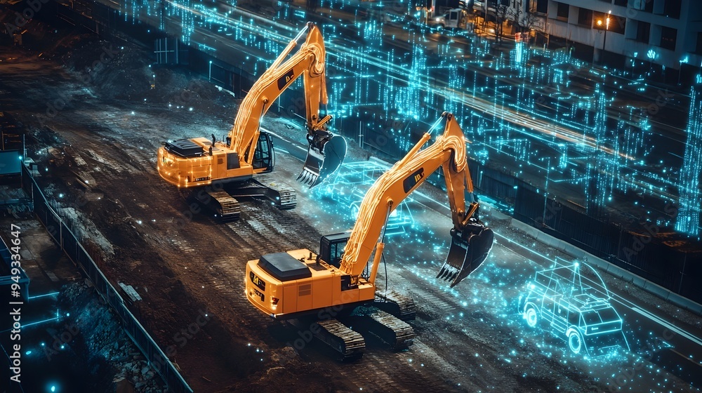 IoT connected excavators working on a road construction site Advanced ...