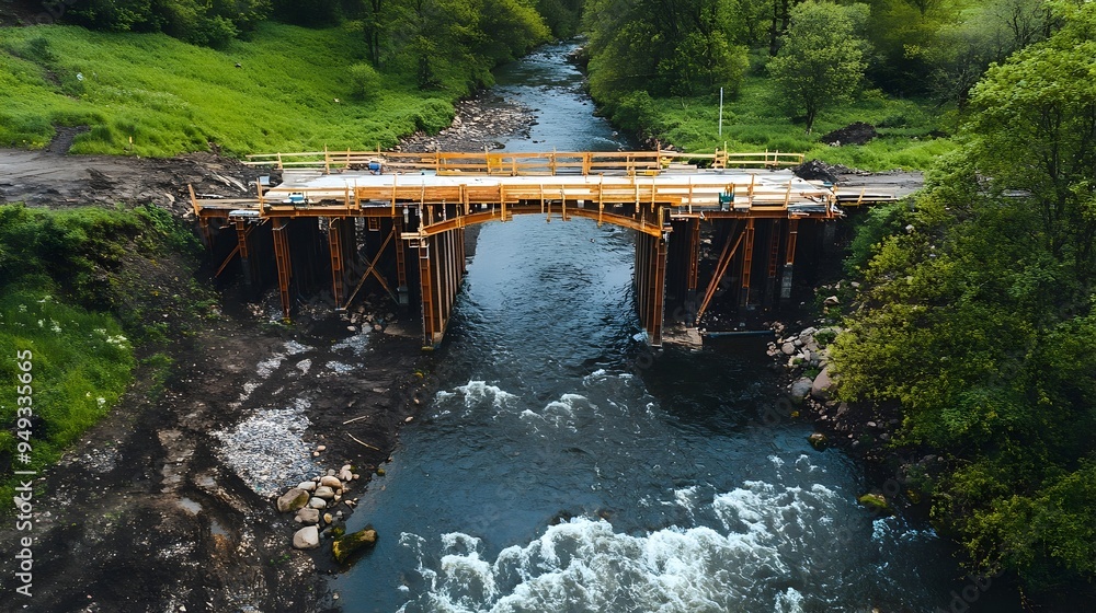 Partially constructed bridge spanning a river with various IoT sensors ...